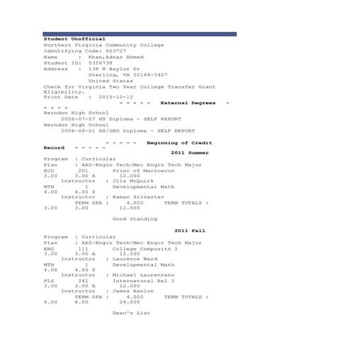 NOVA Transcript unofficial | PDF | College Education | Education