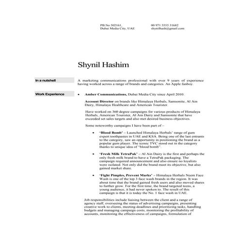 Shynil Hashim Resume | DOC | Skin Care | Beauty