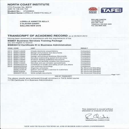 Certificate III Business Administration Transcript | PDF