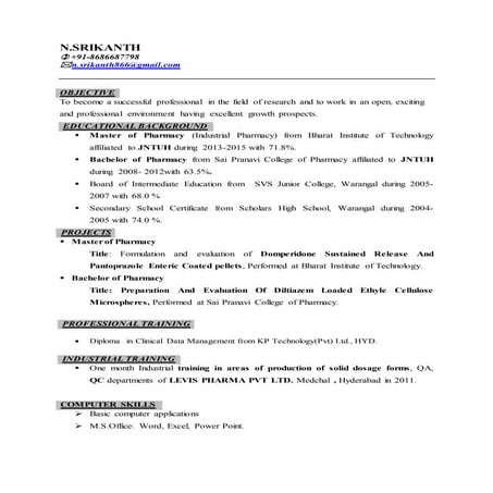 srikanth resume -CDM | DOCX | Pharmaceutical Industry | Industries