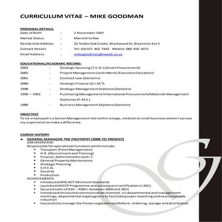 MIKE GOODMAN CURRICULUM VITAE[1] | DOCX | Business Administration ...