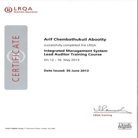 IMS Lead Auditor Course Certificate | PDF