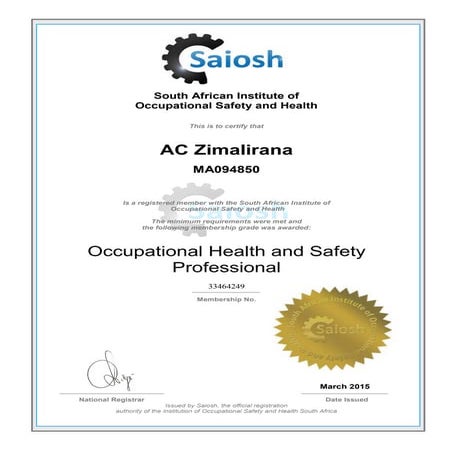 SAIOSH OHSPr. Mebership Certificate | PDF