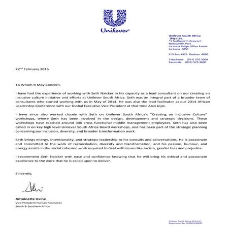 Letter of Reference - Seth Naicker - Unilever - 22Feb2016 copy | PDF