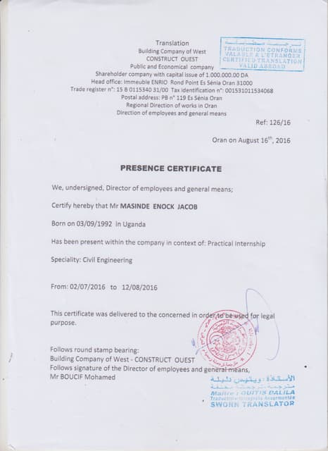 internship certificate (Laboratory of west public works).(Original in ...