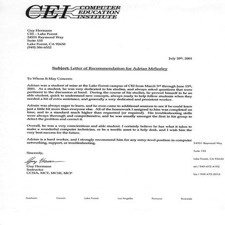 CEI Letter of Recommendation | PDF