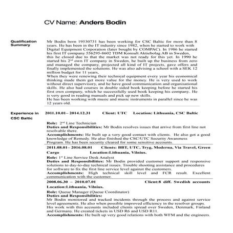 CV Anders Bodin 20160808 | DOC | Business Administration | Business