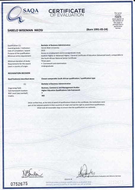 SAQA Certificate | PDF