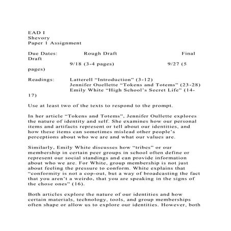 EAD I Shevory Paper 1 AssignmentDue Dates Rough Draft.docx