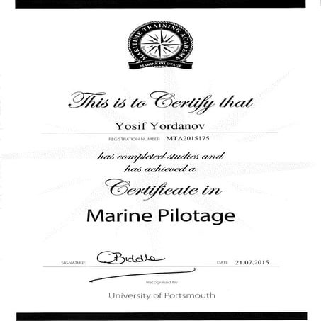 Certificate in Marine Pilotage Yosif Yordanov | PDF