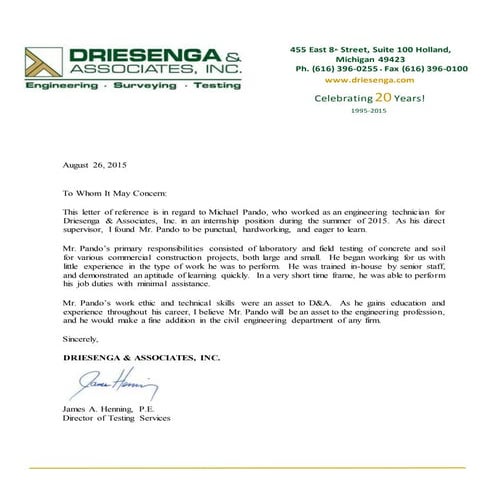Driesenga Recommendation Letter | DOCX