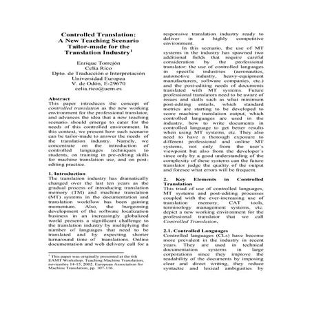 «Controlled Translation: A new teaching scenario tailor-made for the translation industry» | PDF