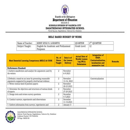 budget of work in English for academic and professional purposes | DOCX