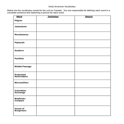 Early american vocabulary | DOCX