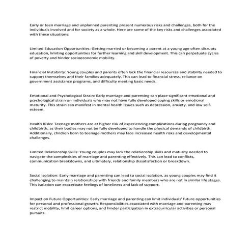 Early or teen marriage and unplanned parenting present numerous risks ...