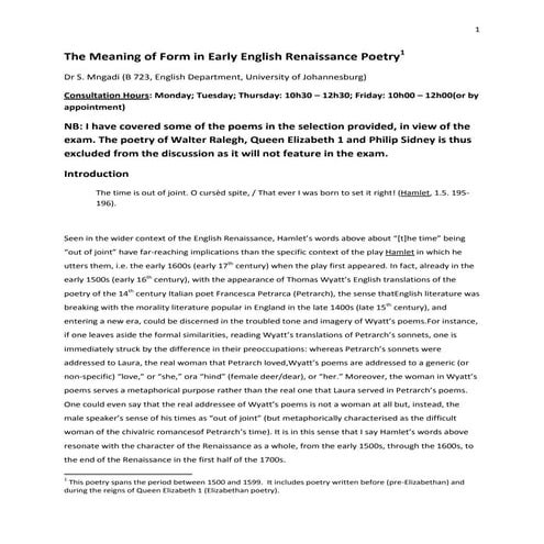 Early renaissance poetry notes | PDF