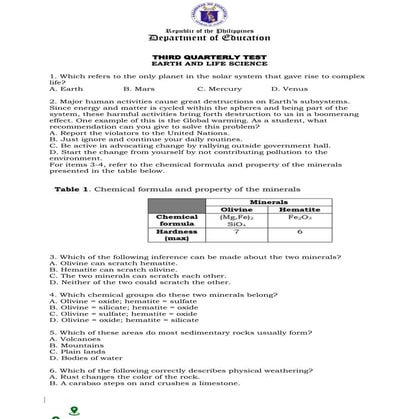 EARTH AND LIFE SCIENCE TEST Q3 .docx long quiz | DOCX