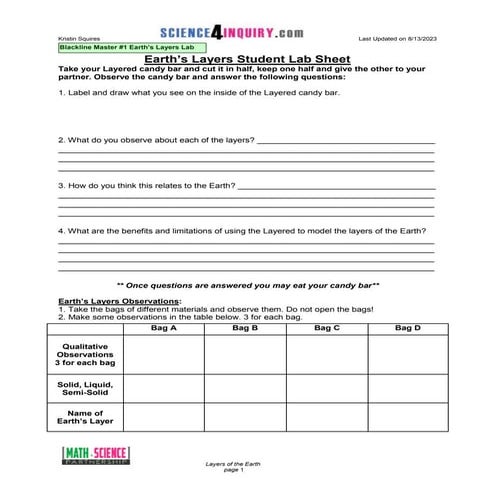Earth Layers Observation Sheet