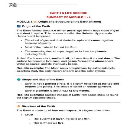 EARTH & LIFE SCIENCE (MODULES 1-4) SUMMARY | PDF