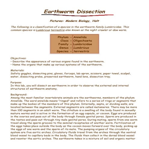 Earthworm Dissection | PDF