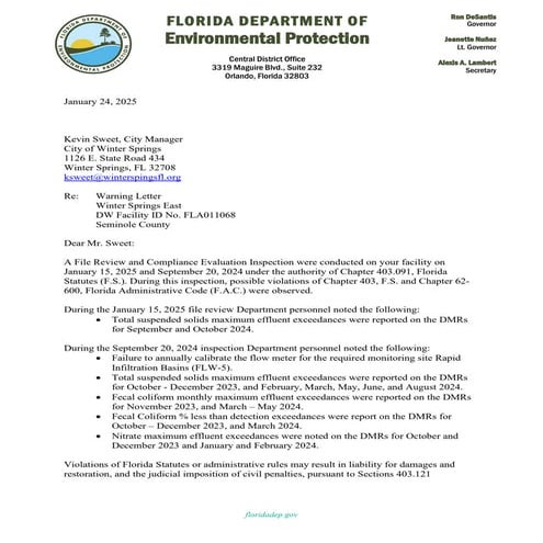 Florida DEP Warning Letter to Winter Springs East WRF: Compliance ...