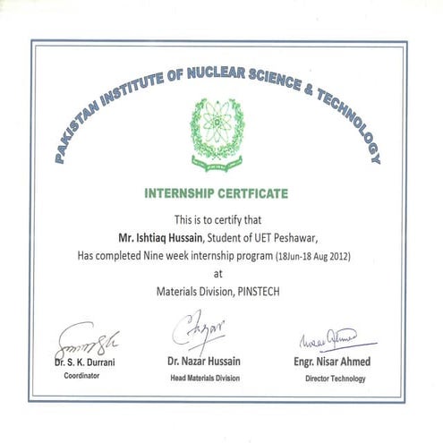 PINSTECH internship certificate | PDF
