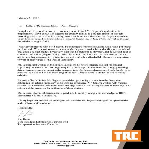 Recommendation Letter - Daniel Segarra | PDF