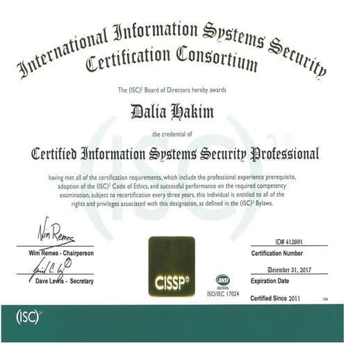 Dalia - CISSP certificate 2017 | PDF