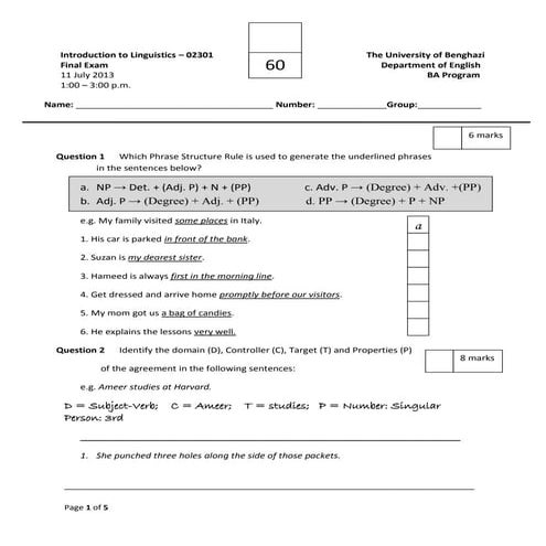 Intro. to Linguistics Final Exam | PDF
