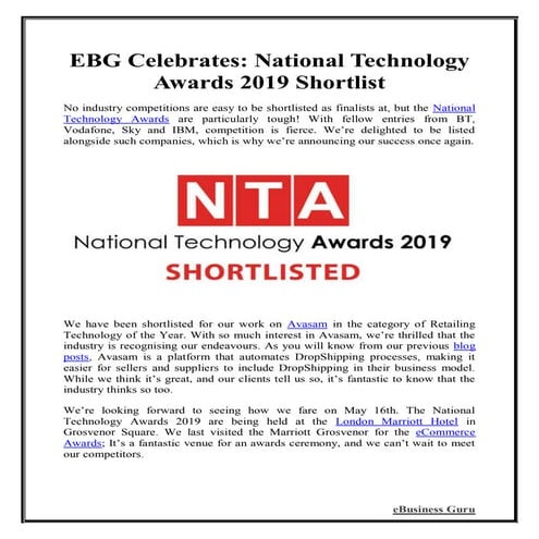 EBG Celebrates: National Technology Awards 2019 Shortlist | eBusiness ...