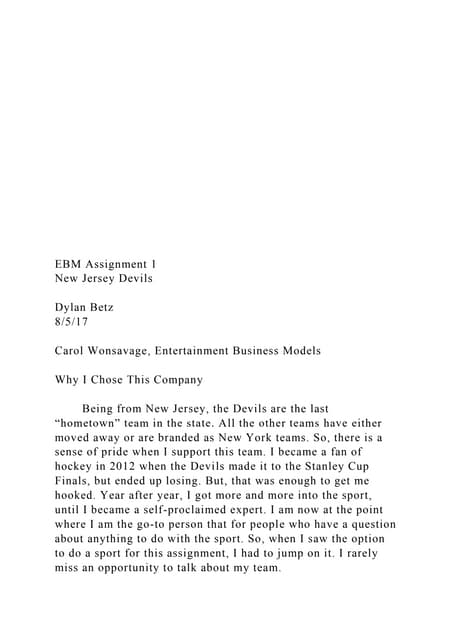Ebm Assignment 1new Jersey Devilsdyl Docx