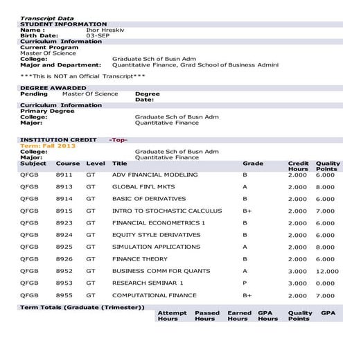 Fordham University Unofficial Transcript | DOCX | Undergraduate Education | College Education
