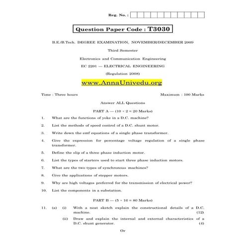 Ec 2201 Electrical Engineering Question Paper for Anna University Exams - www.annaunivedu.org
