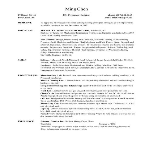Ming Chen ME co-op resume | DOCX