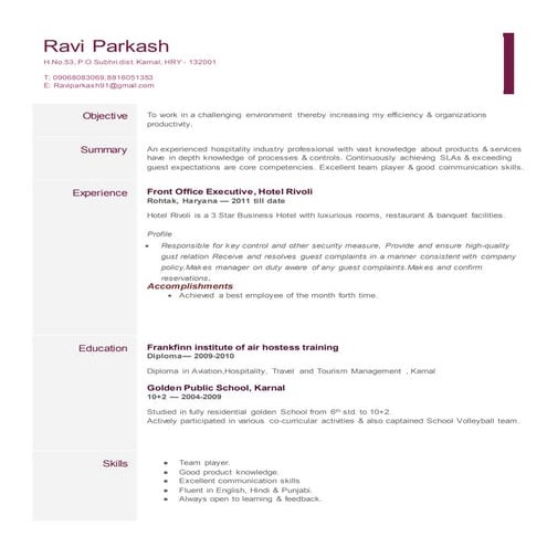 Resume ravi hotel (1) | DOCX | Hotels and Motels | Travel Type