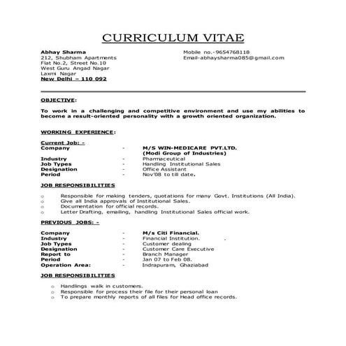 CURRICULUM VITAE OF ABHAY | DOCX