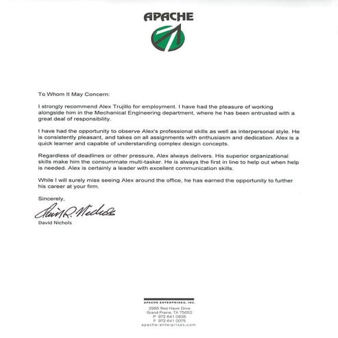 Letter of Recommendation - Apache Enterprises | PDF