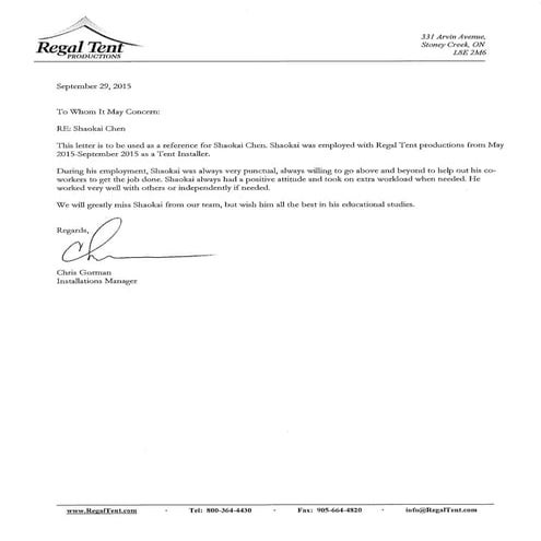 Reference Letter-Regal Tent | PDF