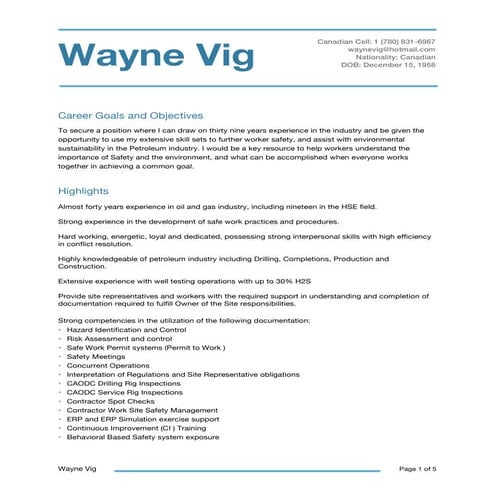 Wayne Vig CV - September 2015 | PDF