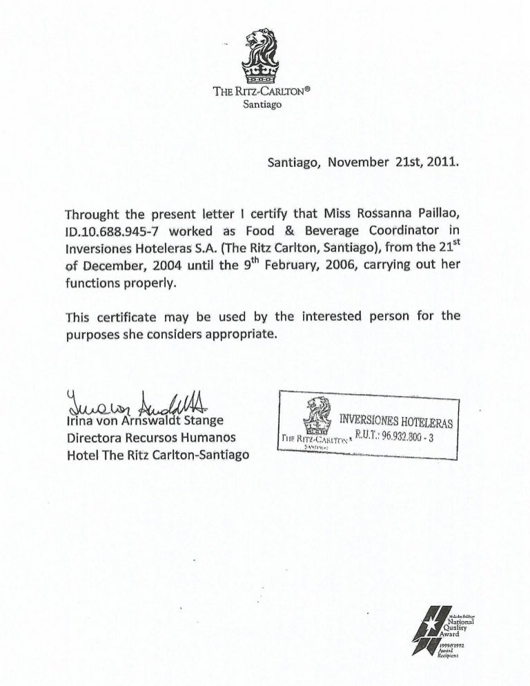 Recommendation Letter The Ritz Carlton Hotel