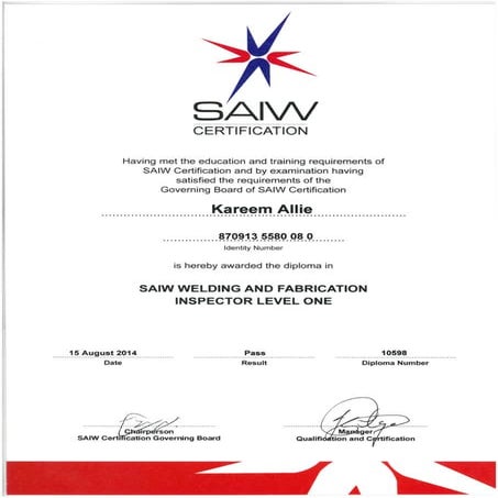 Kareem Allie SAIW Level I Certificate | PDF