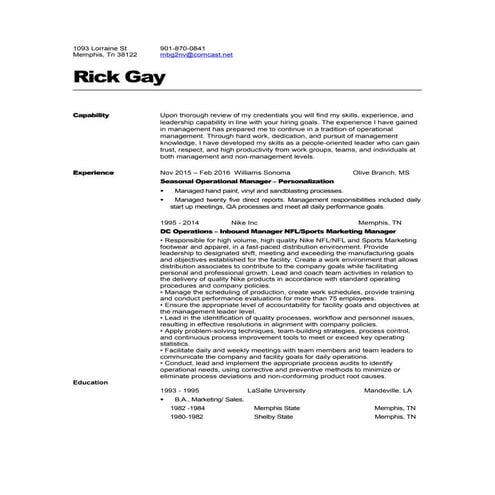 Rick Gay Resume | DOC | Business Operations | Business