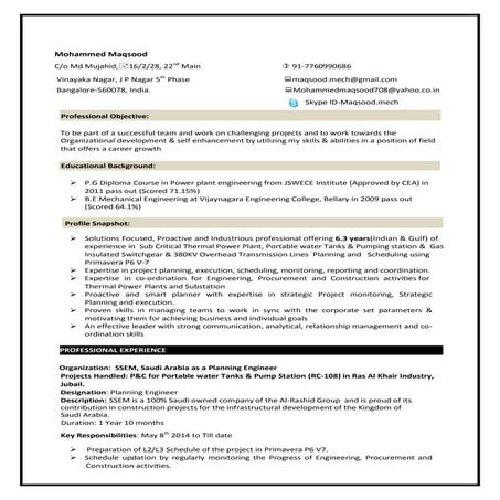 Planning Engineer Resume-mech | PDF | Civil Engineering Industry ...