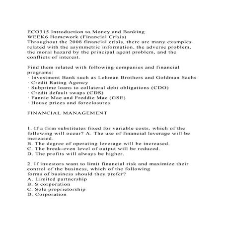 ECO315 Introduction to Money and BankingWEEK6 Homework (Financia.docx
