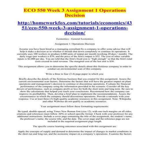 Eco 550 week 3 assignment 1 operations decision | DOC