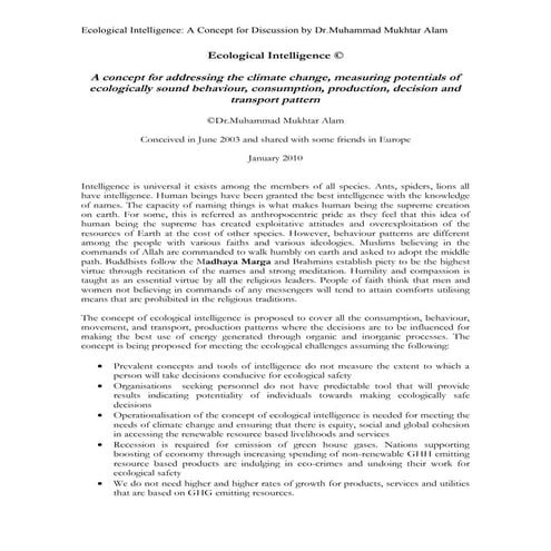 Ecological Intelligence (Dr.Alam): An Introduction | DOC