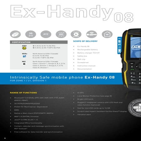 Ecom Ex-Handy 08 - ATEX Hazardous Area Mobile Phone - Data Sheet | PDF
