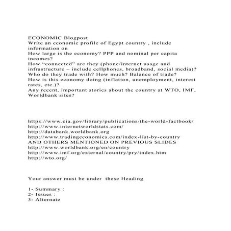 ECONOMIC BlogpostWrite an economic profile of Egypt country , .docx