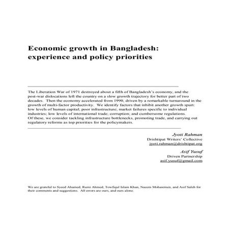 Economic growth in bangladesh experience and policy priorities | PDF