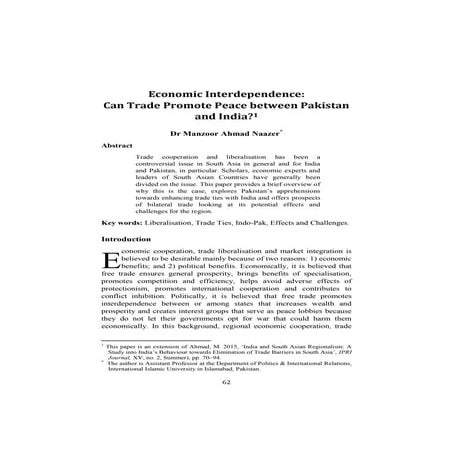 Economic interdependence; can trade promote peace between pak and india ...